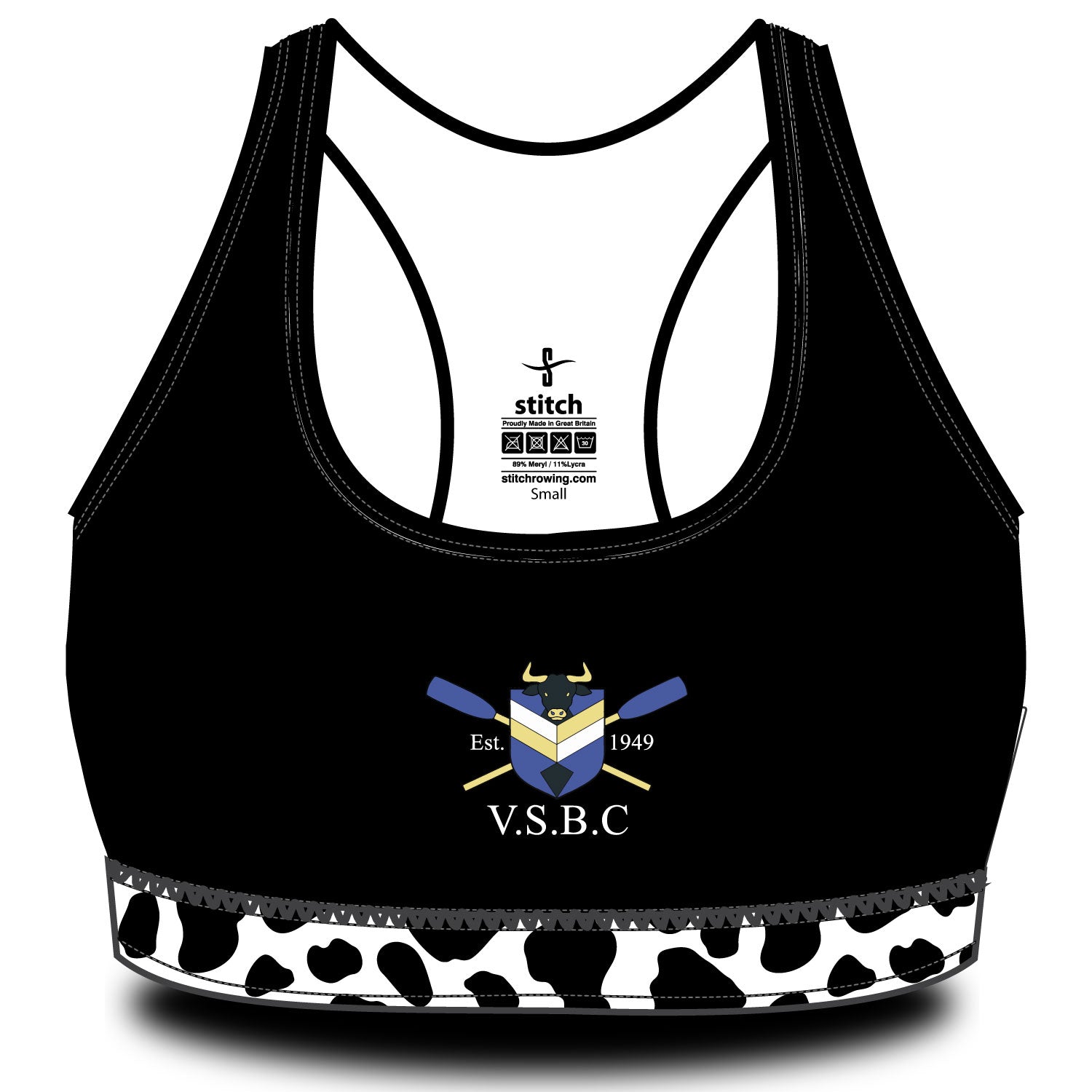 Vet School Boat Club Sports Bra Cow Print Hem – Stitch Rowing